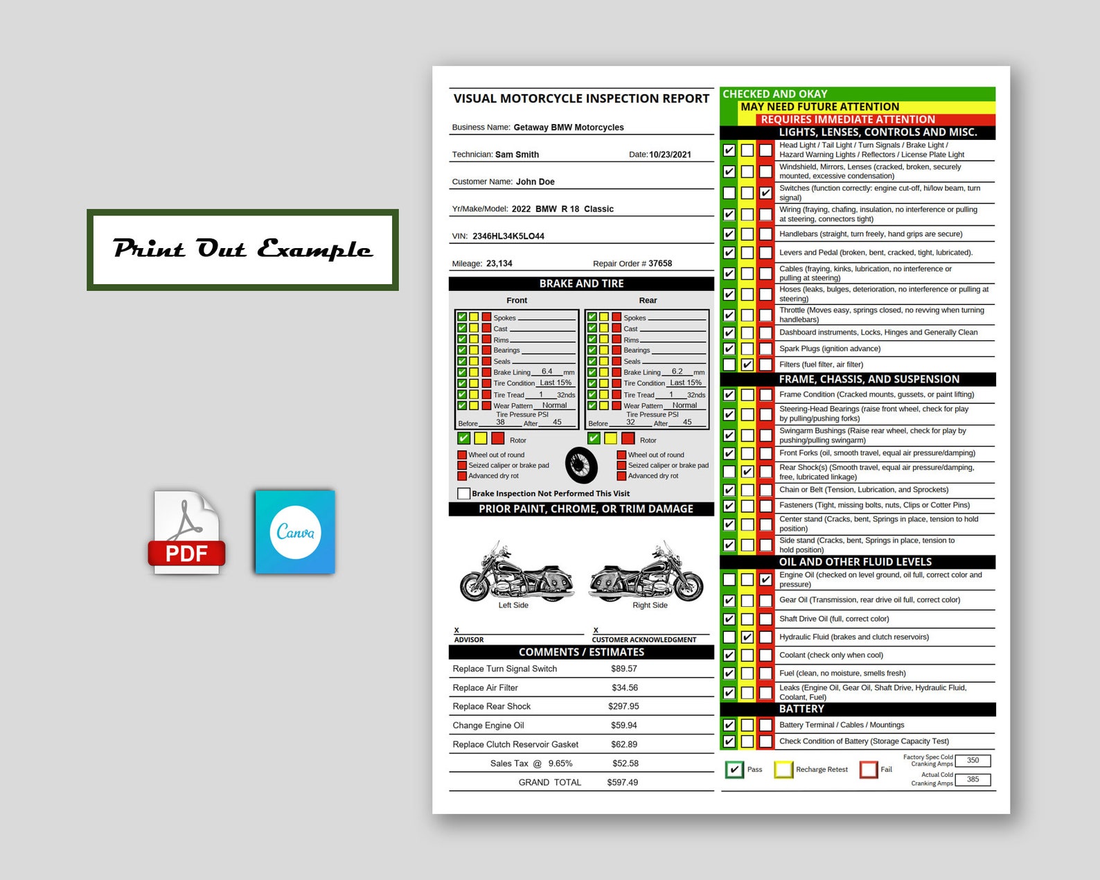Visual Motorcycle Inspection Report Fillable PDF Multi-point Motorcycle ...