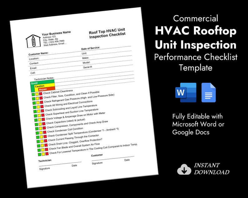 Commercial HVAC Roof Top Unit Inspection Performance Checklist Template ...