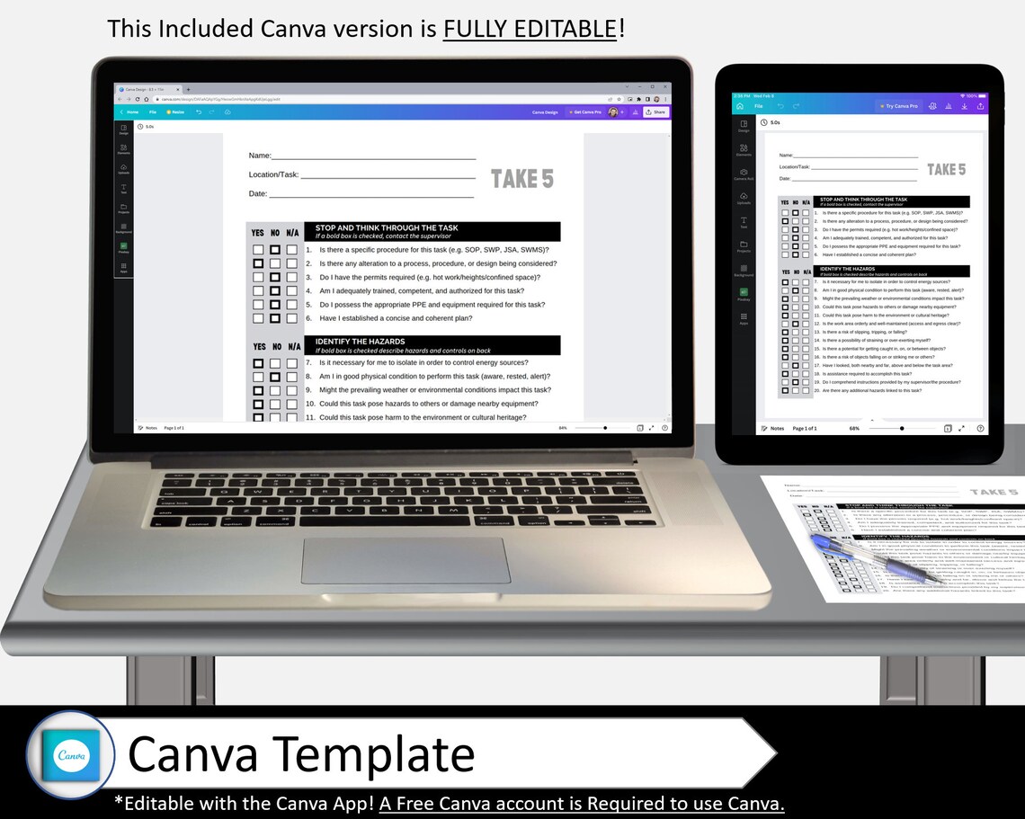 Take 5 Pre-start Safety Checklist Template for Safety Risk Assessment ...