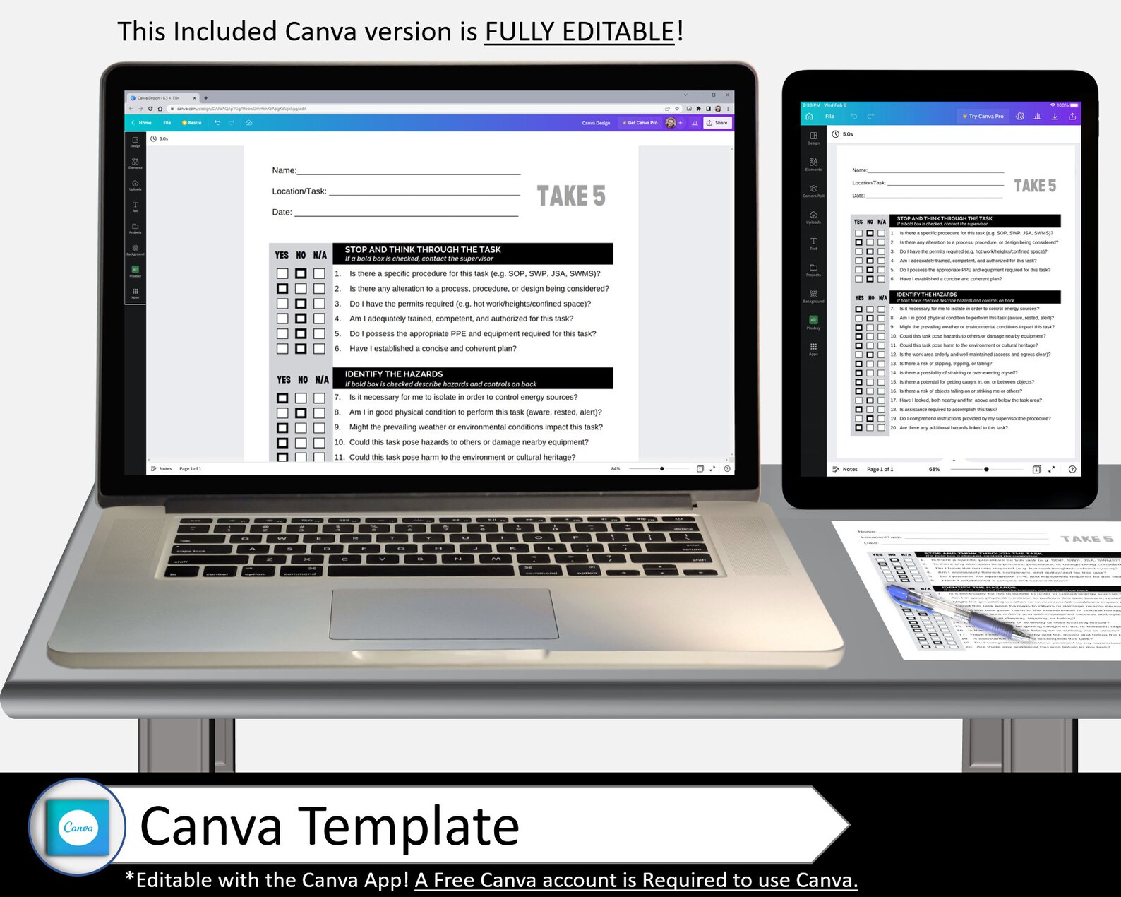 Take 5 Pre-start Safety Checklist Template for Safety Risk Assessment ...