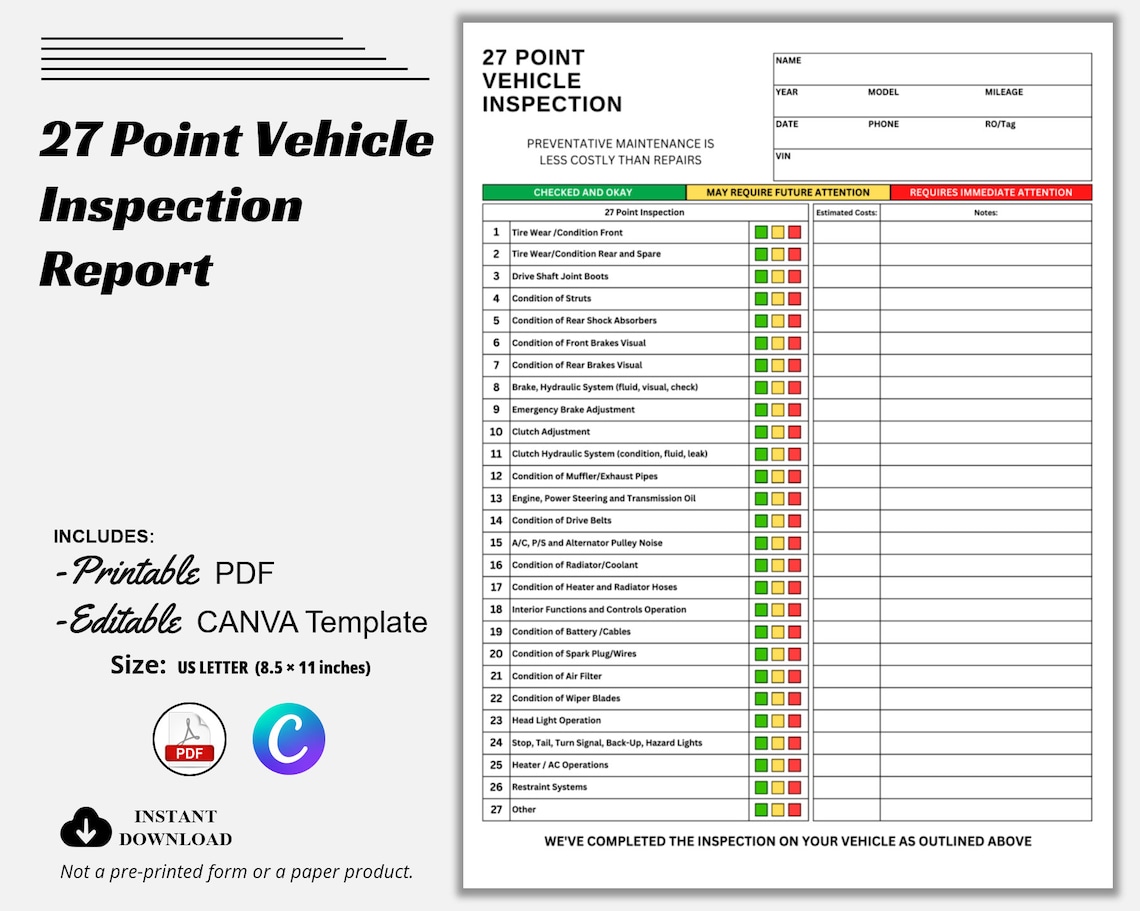 Vehicle Inspection Checklist, 27 Point Vehicle Inspection Checklist, Editable Template for Auto ...