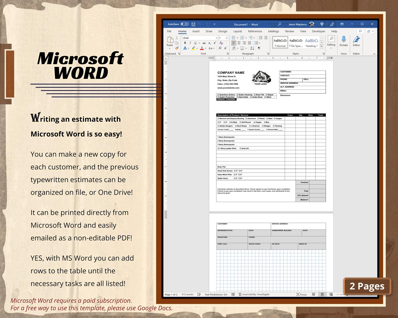 Rain Gutter Installation Estimate, Invoice & Work Order Template ...