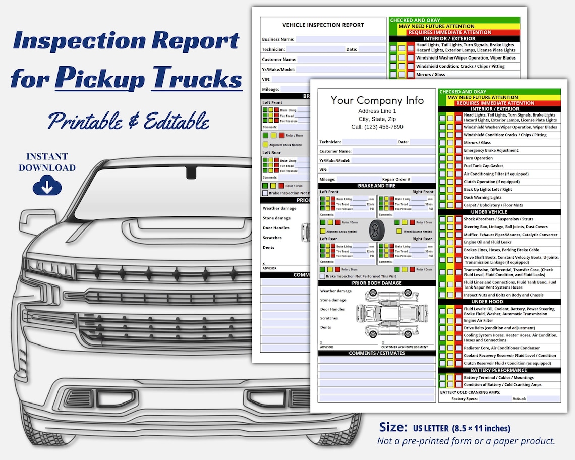 Pickup Truck Inspection Checklist Vehicle Inspection Report - Etsy