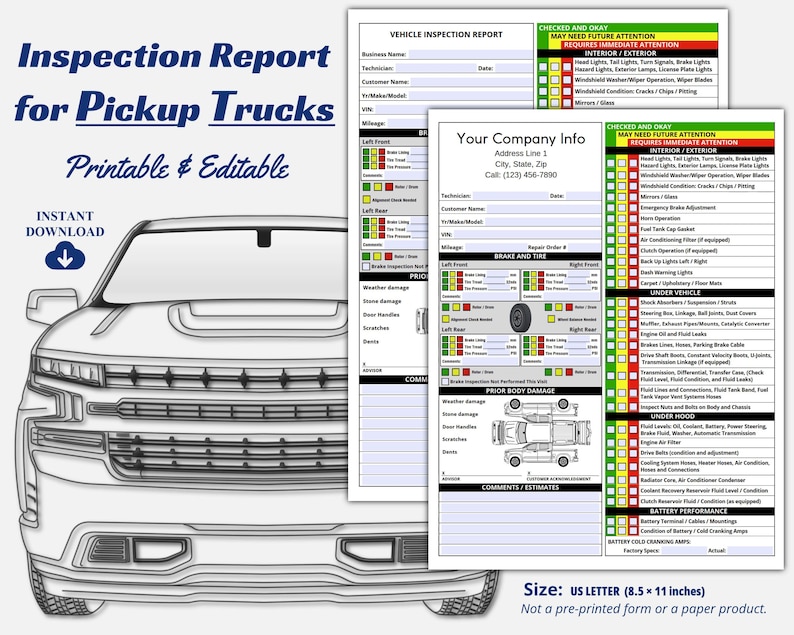 Pickup Truck Inspection Checklist, Vehicle Inspection Report, Multi ...