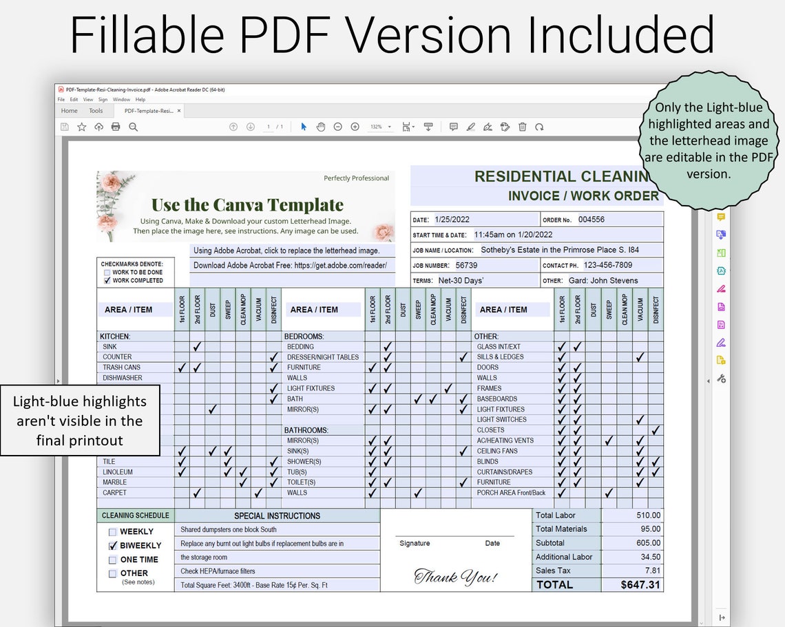 Residential Cleaning Service Invoice or Estimate Template - Etsy