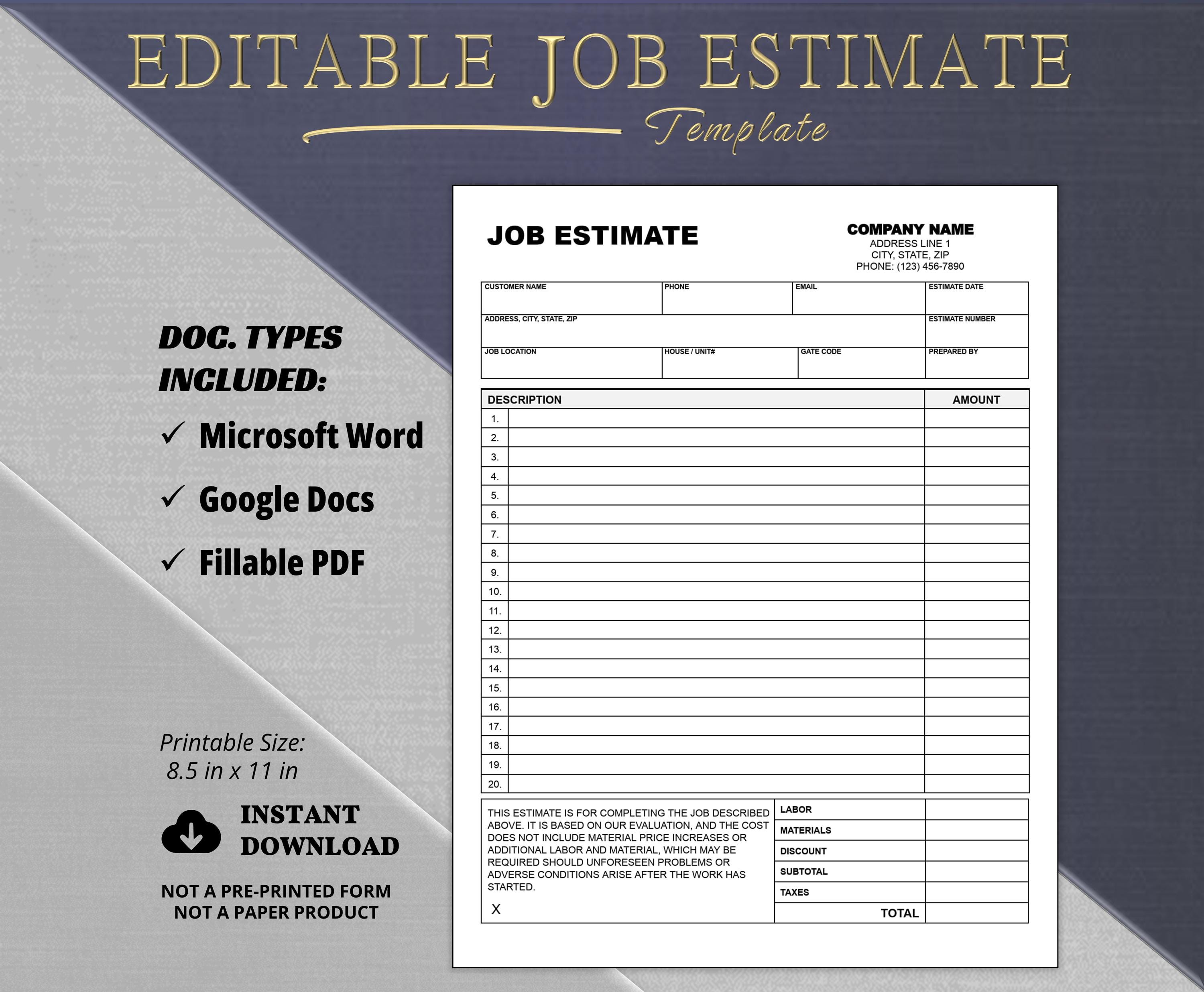 Editable Job Estimate Template, Editable in WORD or Google Docs ...