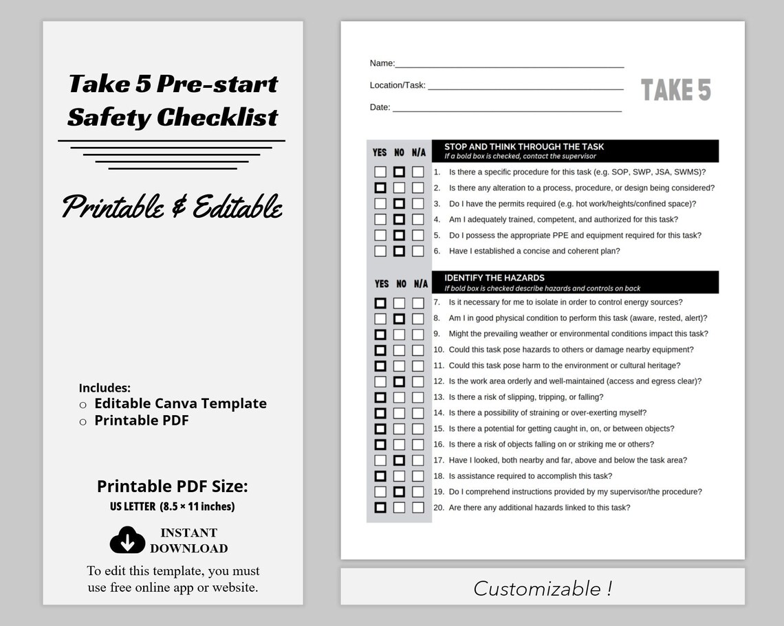 Take 5 Pre-start Safety Checklist Template for Safety Risk Assessment ...