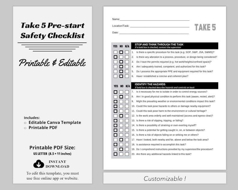 Take 5 Pre-start Safety Checklist Template for Safety Risk Assessment ...