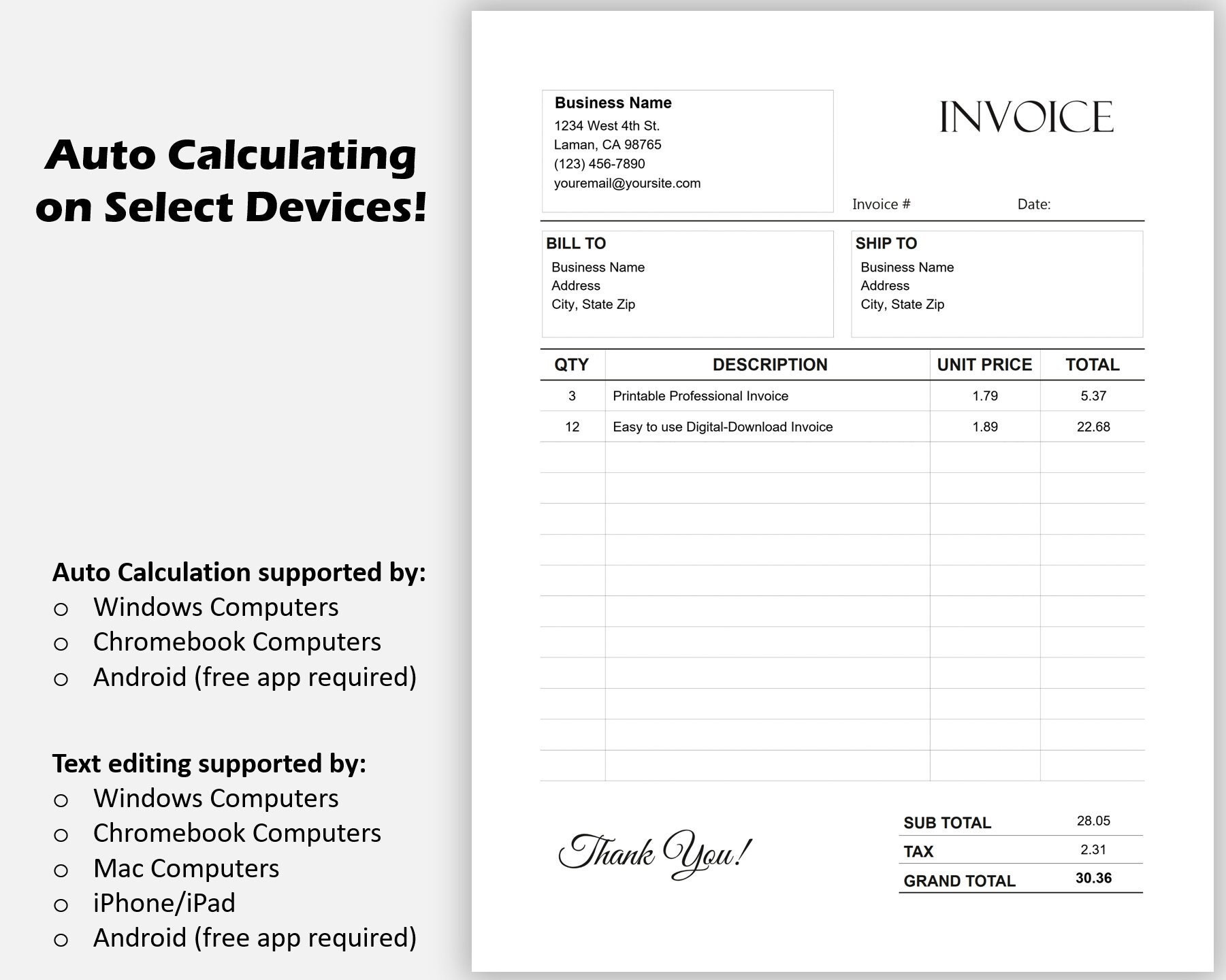 Easy-on-ink Auto-calculating Invoice, Fillable Printable Invoice ...