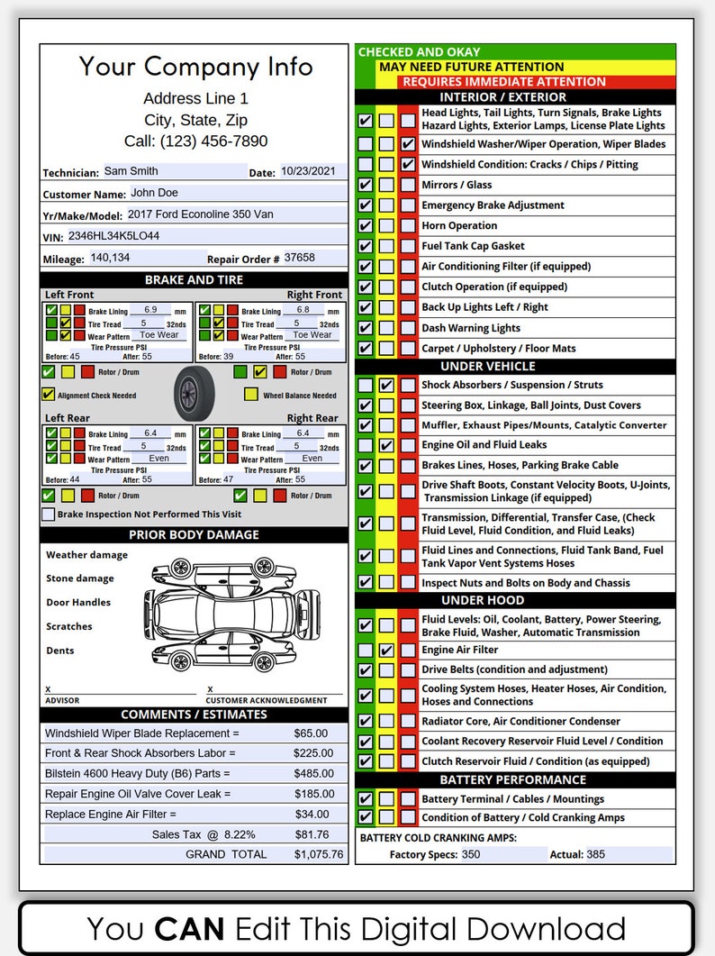 PDF Printable Vehicle Inspection Report, EDITABLE Used Vehicle ...