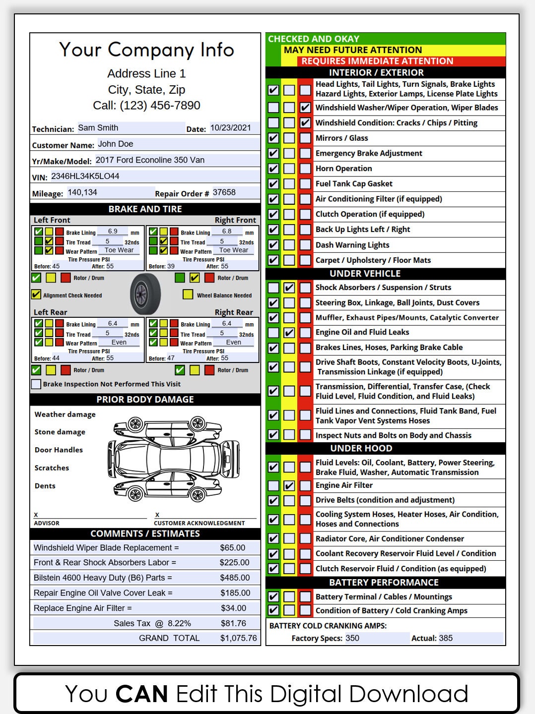 PDF Printable Vehicle Inspection Report EDITABLE Used Vehicle - Etsy ...