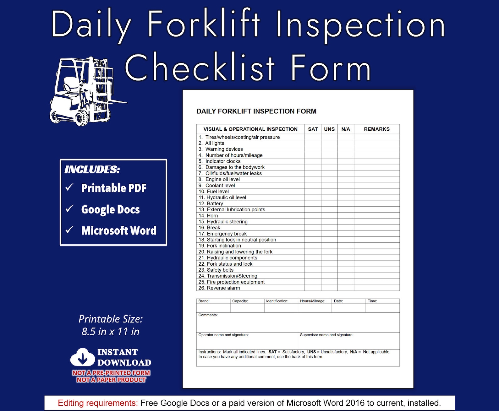 Daily Forklift Inspection Form, Forklift PM Checklist Template, Lift ...