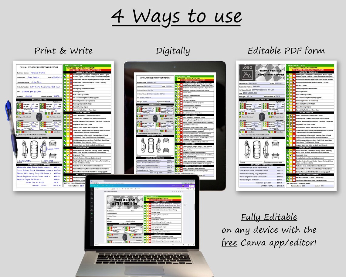 Visual Vehicle Inspection Report Fillable PDF Multi-point - Etsy