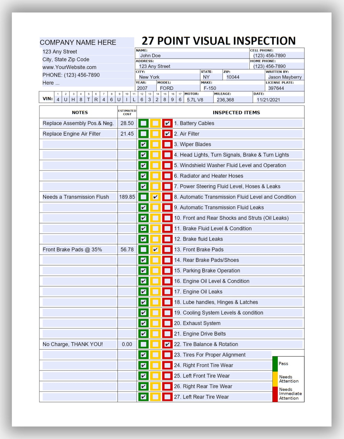 27 Point Visual Vehicle Inspection Form | Fillable PDF Multi-point ...