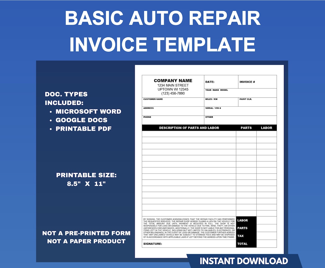 Basic Auto Repair Invoice Template for Mechanics or Any Other Type of ...