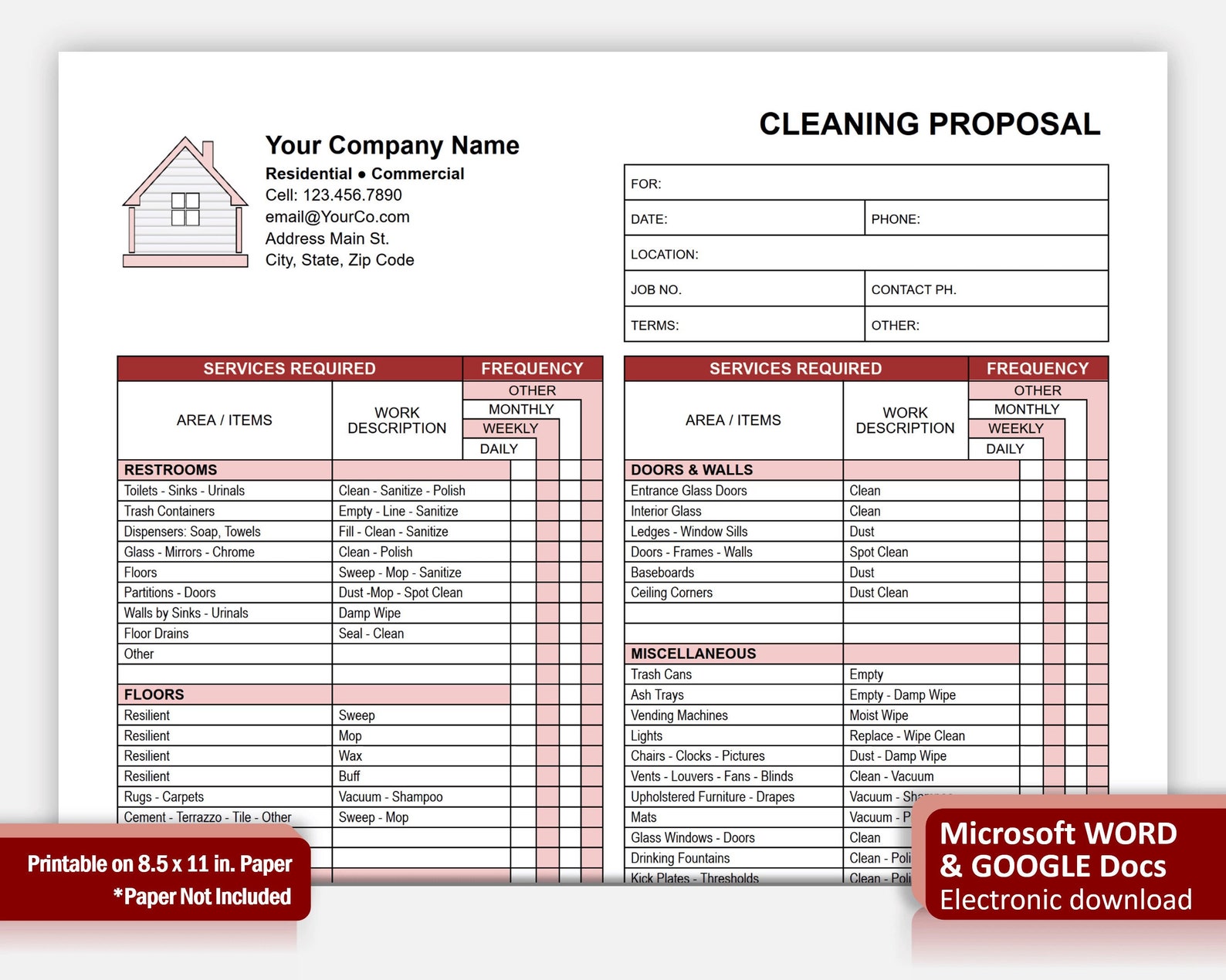 Red Cleaning Proposal Template WORD, Commercial Cleaning Checklist ...