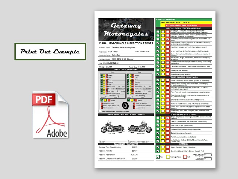 Visual Motorcycle Inspection Report Fillable PDF Multi-point Motorcycle ...