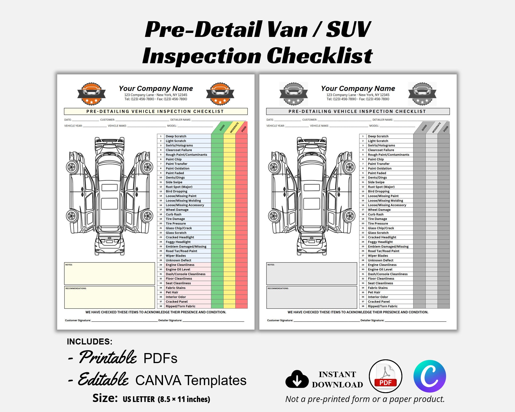 Van/suv Pre-detailing Vehicle Inspection Checklist for Auto Detailers, Dealerships & Service ...