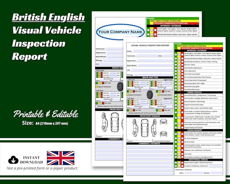 British English, Visual Vehicle Inspection Report, Fillable PDF Multi ...