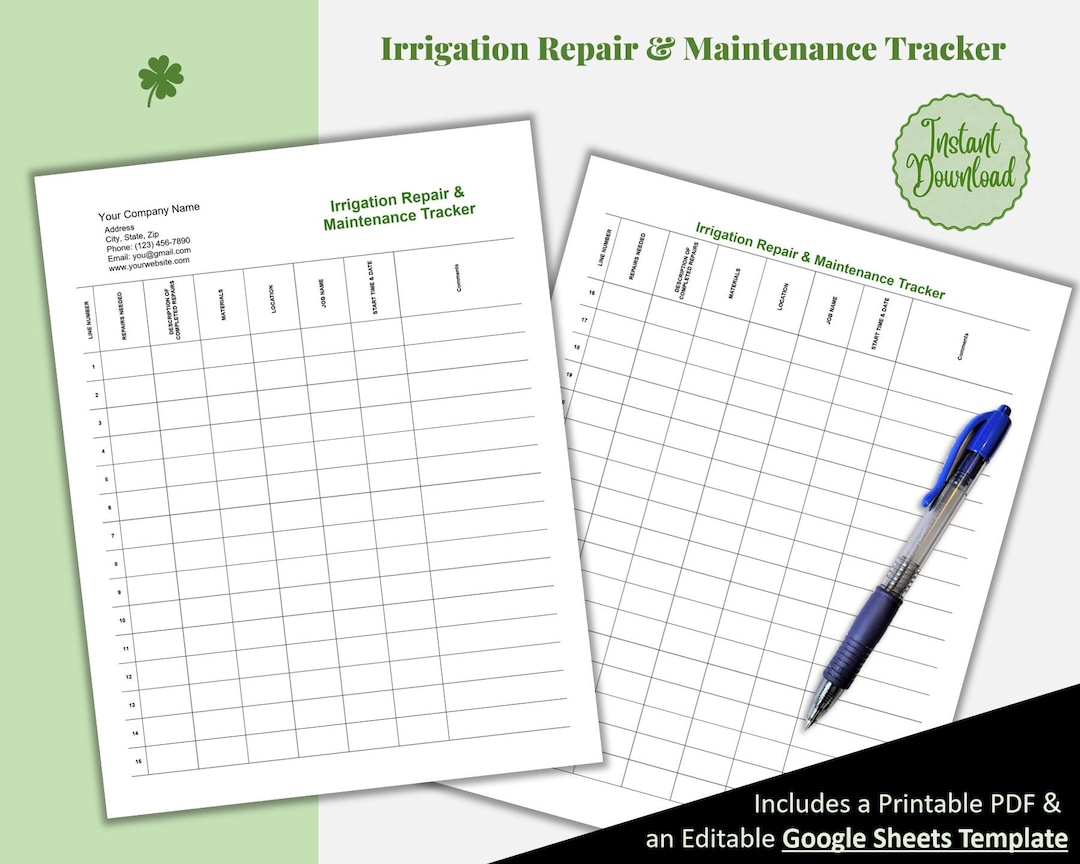 Irrigation Repair & Maintenance Tracker or Log Sheet, Irrigation ...