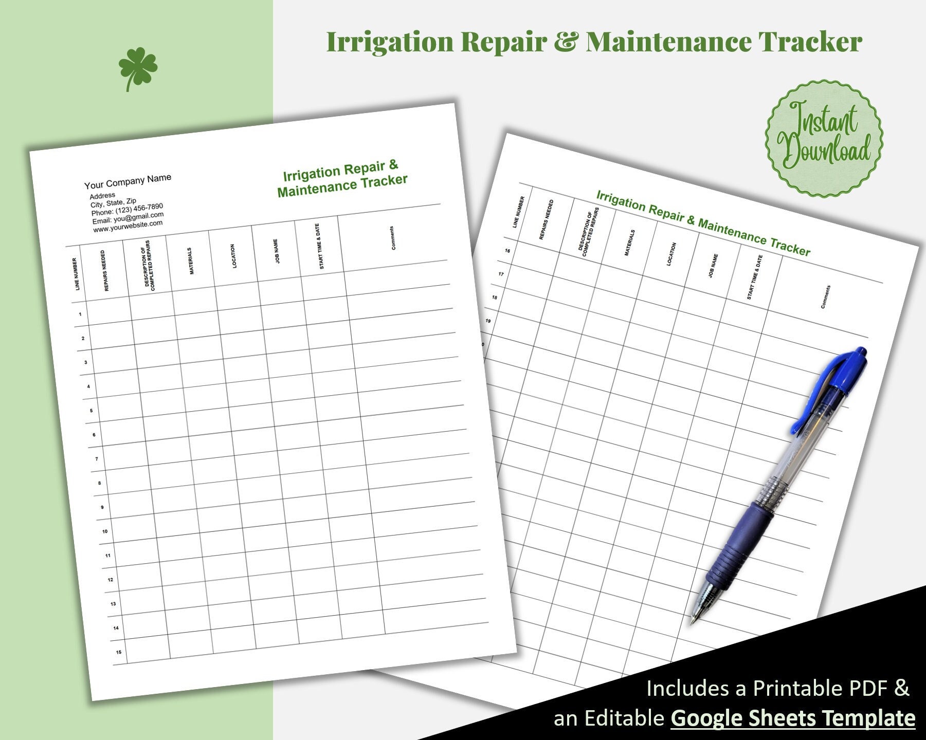 Irrigation Repair & Maintenance Tracker or Log Sheet, Irrigation ...