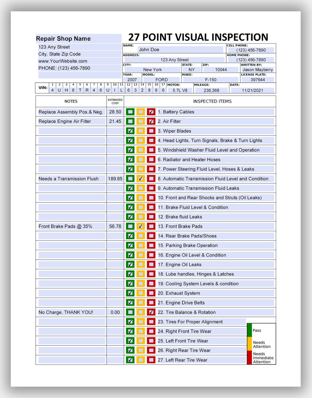 27 Point Visual Vehicle Inspection Form Fillable PDF Etsy Australia