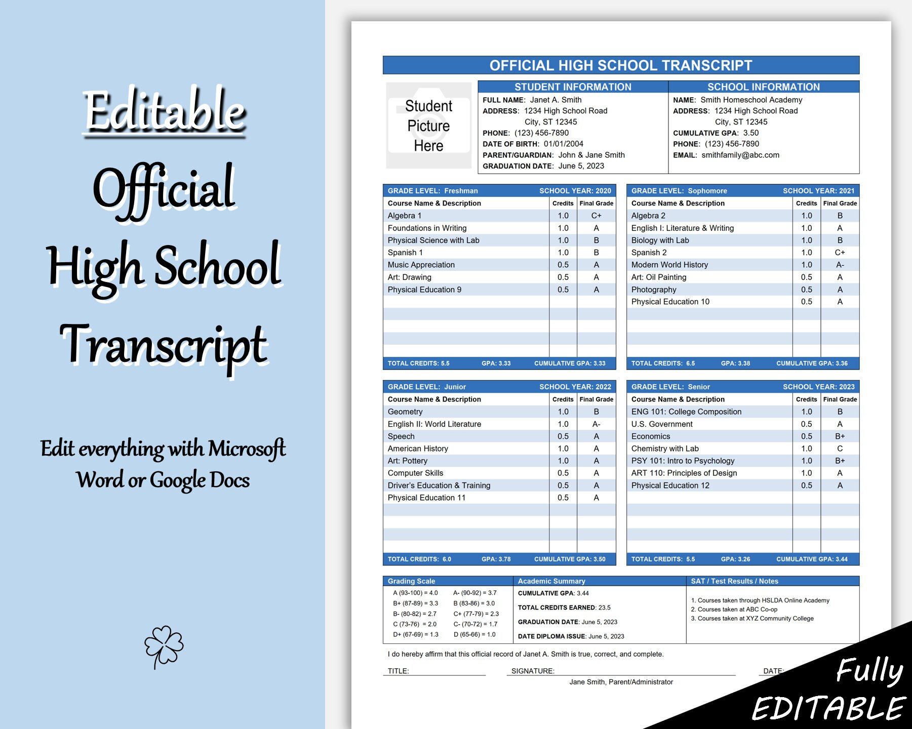 Fillable Printable High School Transcript Template Homeschool - Etsy Fillable Printable High School Transcript Template Homeschool - Etsy