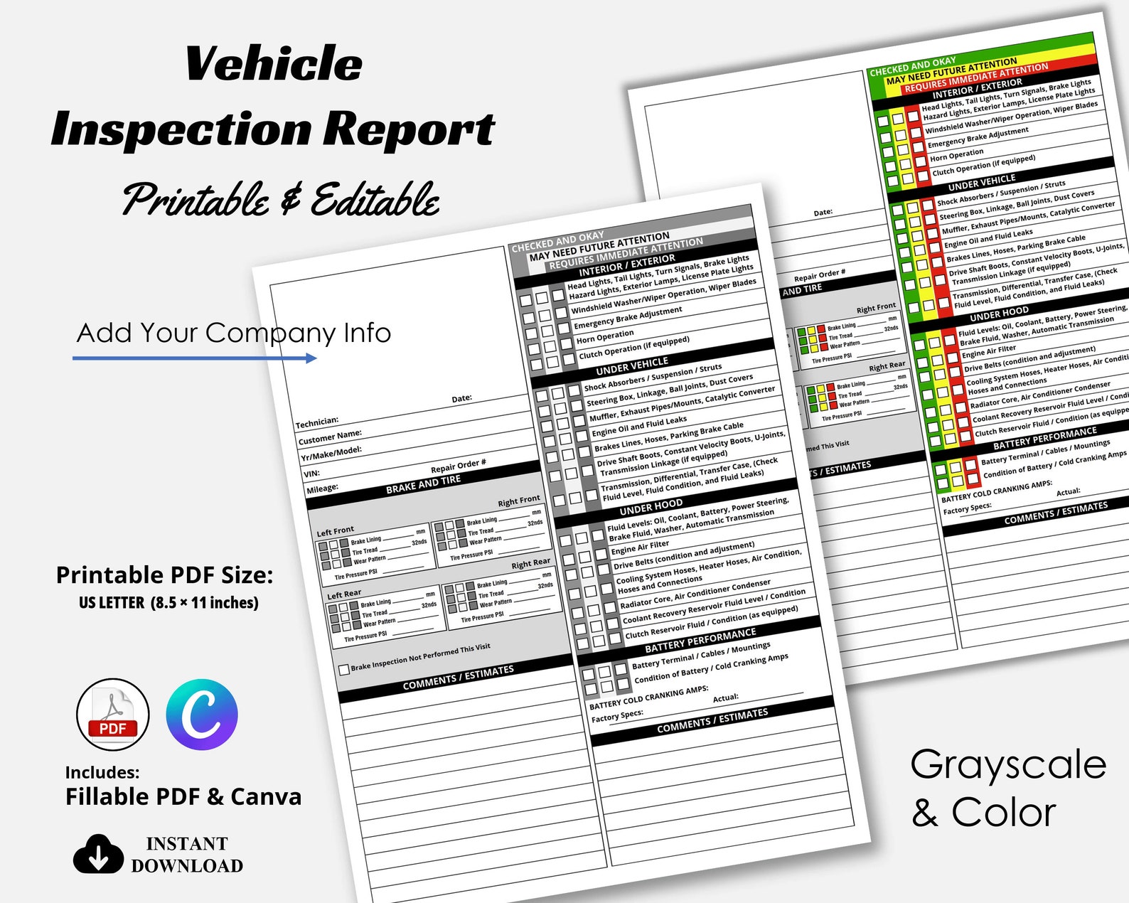 PDF Printable Vehicle Inspection Report, Used Vehicle Inspection Sheet ...