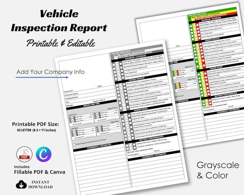 PDF Printable Vehicle Inspection Report, Used Vehicle Inspection Sheet ...