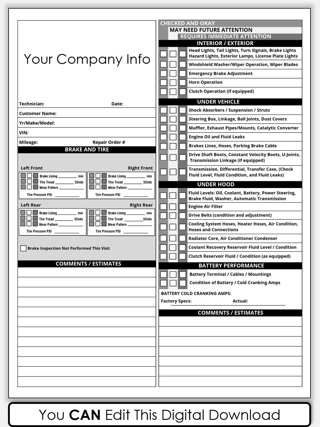 PDF Printable Vehicle Inspection Report, Used Vehicle Inspection Sheet ...