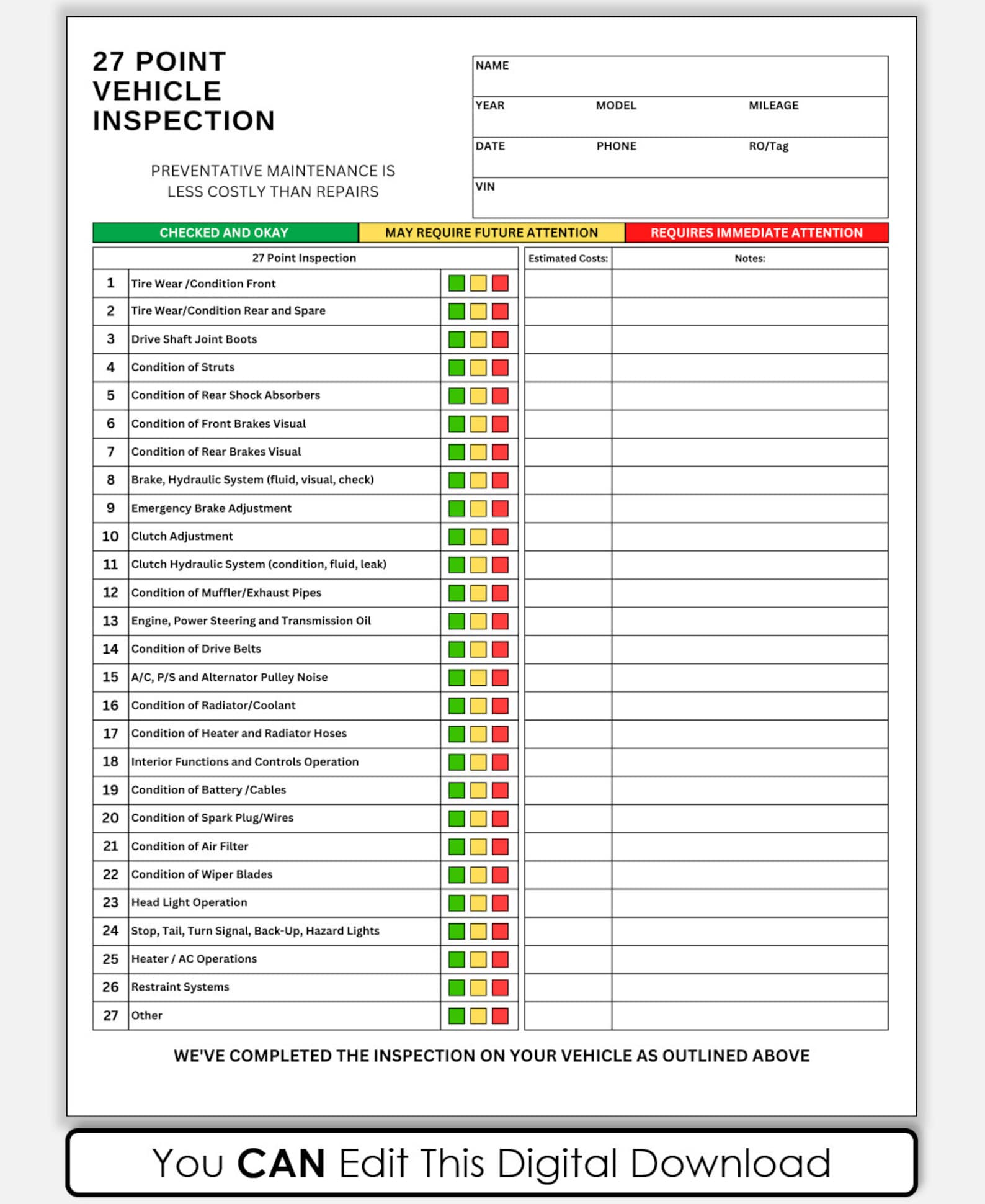 Vehicle Inspection Checklist, 27 Point Vehicle Inspection Checklist, Editable Template for Auto ...