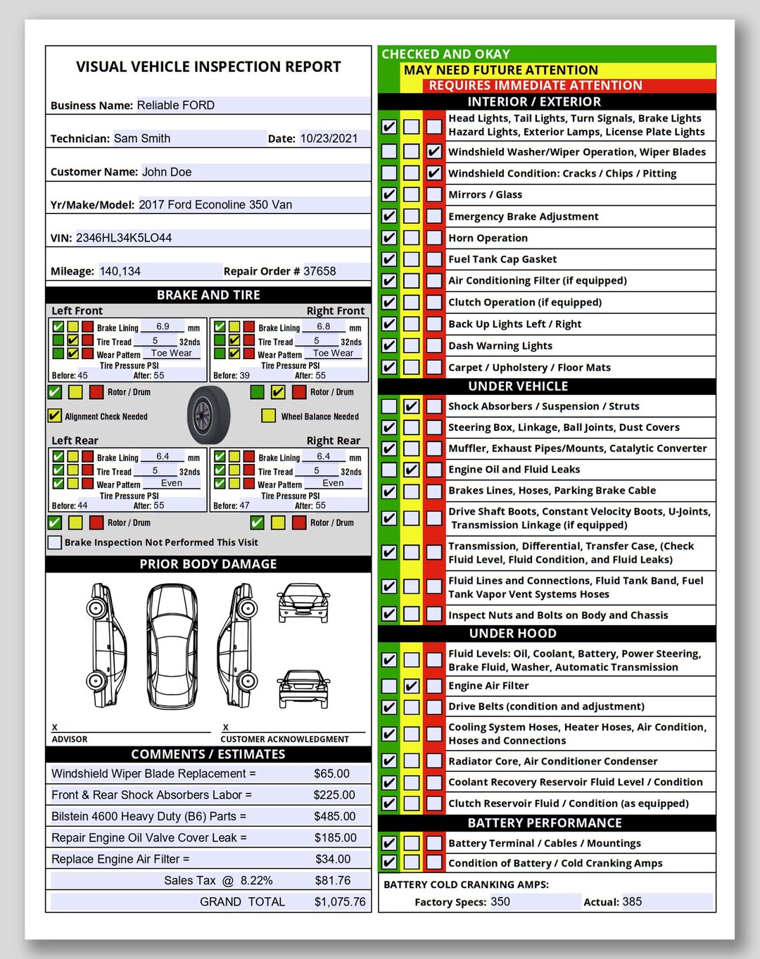 Visual Vehicle Inspection Report Fillable PDF Multi-point - Etsy