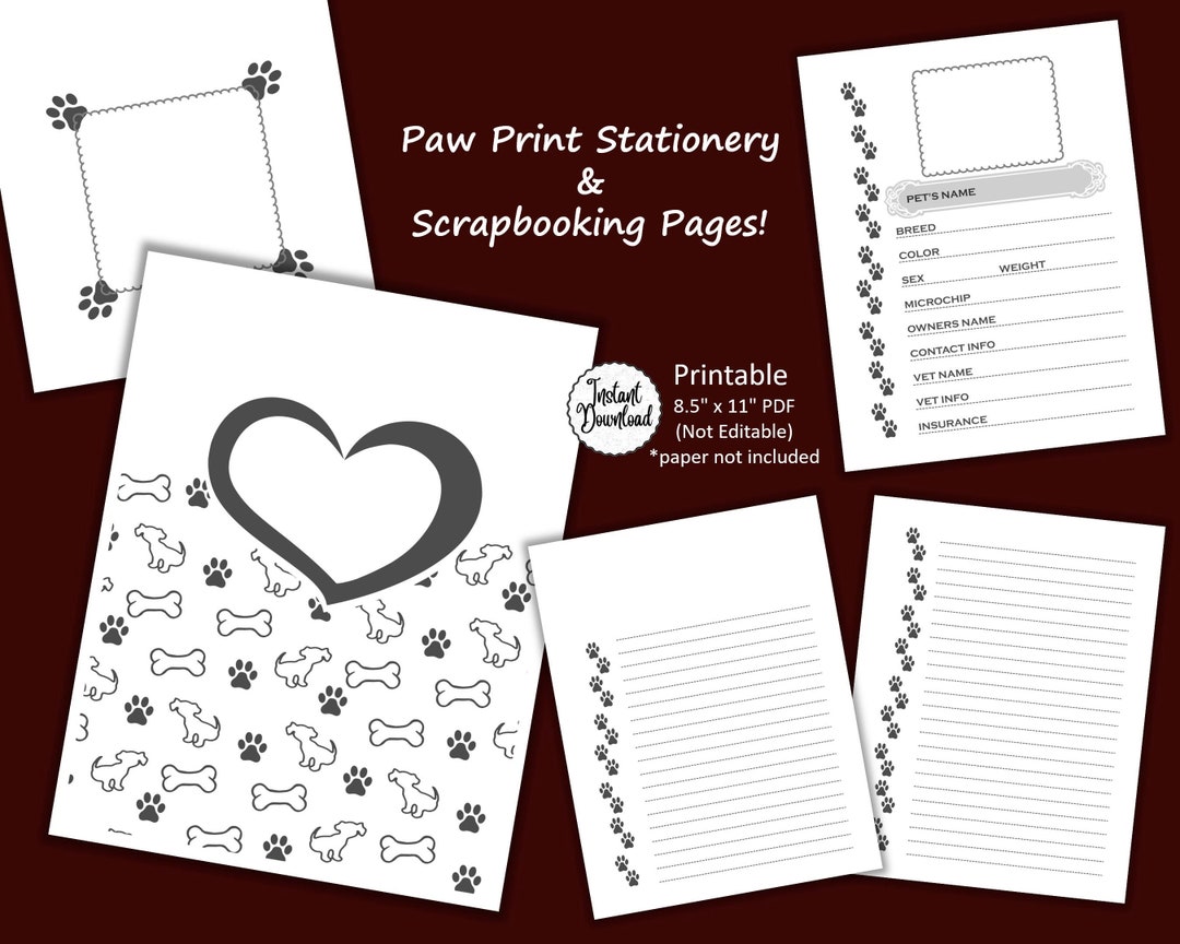 Printable Dog Paw Print Stationery, Printable Dog Stationery, Dog ...