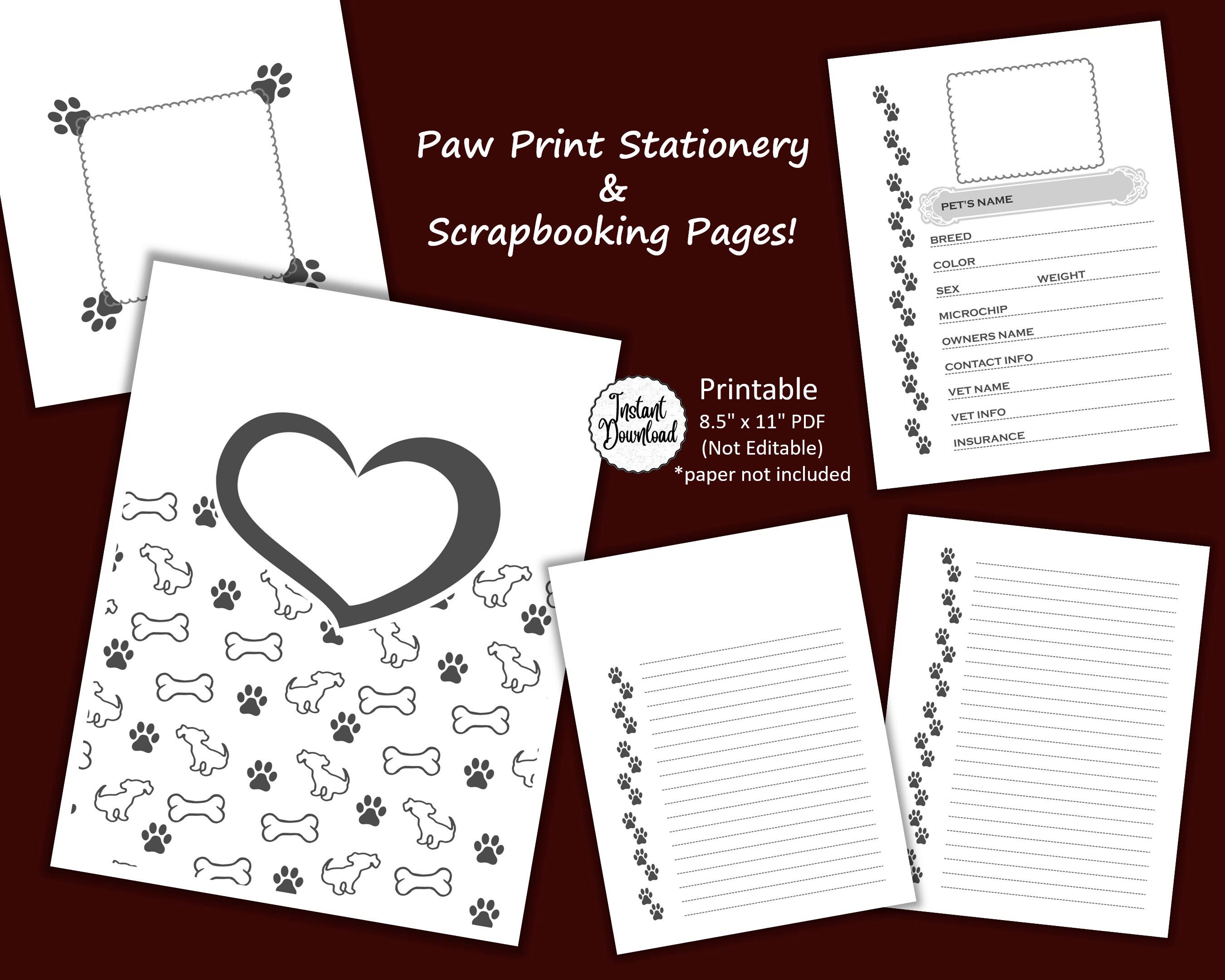 Printable Dog Paw Print Stationery, Printable Dog Stationery, Dog ...