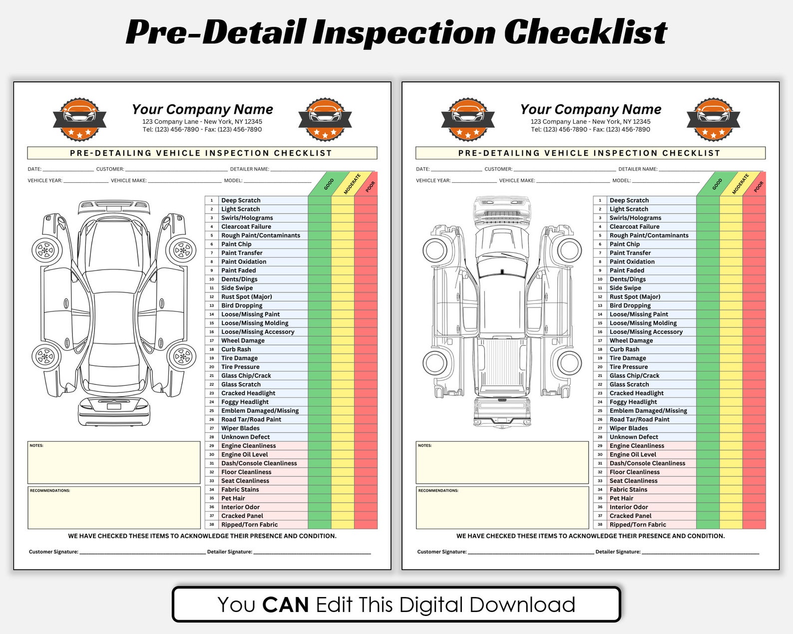 Car Detailing Template, Auto Detailing Template, Pre-detailing Vehicle ...