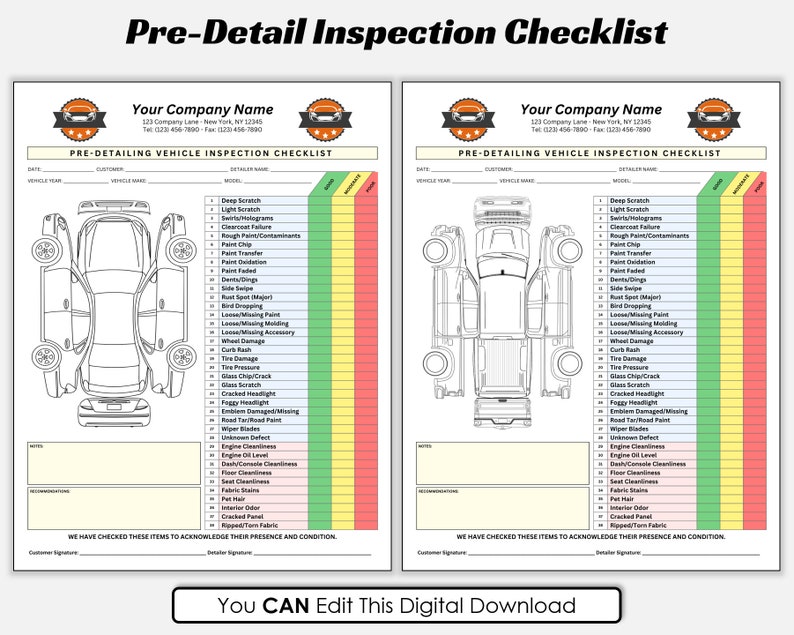 Car Detailing Template, Auto Detailing Template, Pre-detailing Vehicle ...