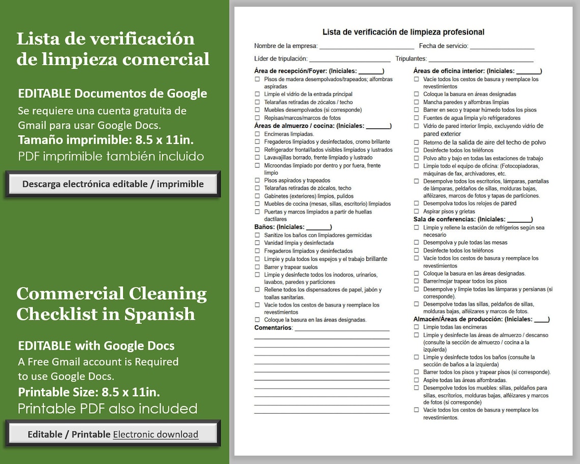 Professional Cleaning Checklist in Spanish. Janitorial Commercial ...