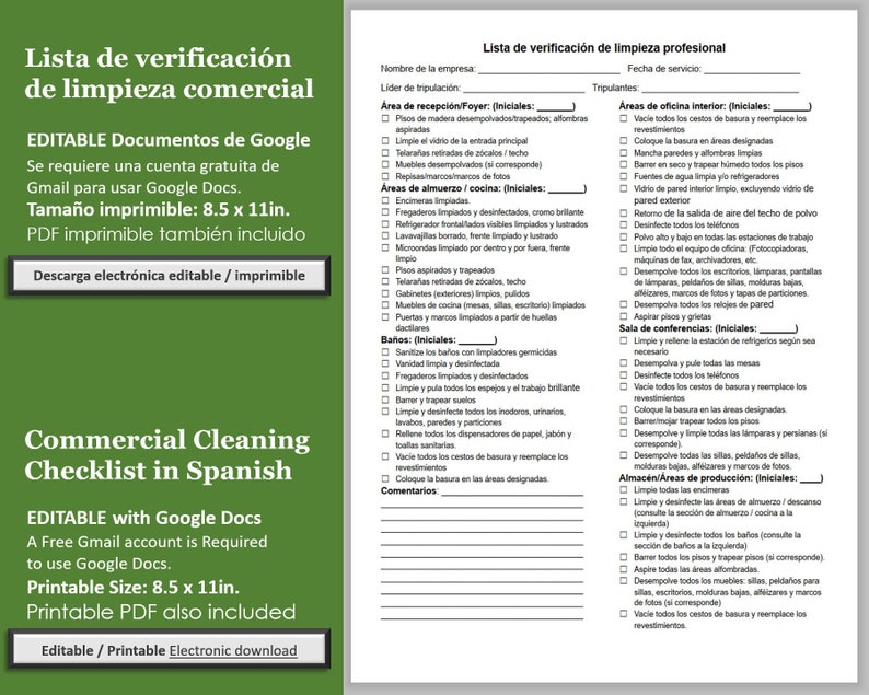 Professional Cleaning Checklist in Spanish. Janitorial Commercial ...