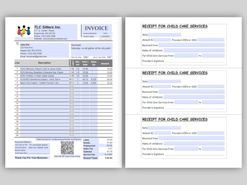 Childcare Invoice & Receipts Babysitting nanny Service - Etsy