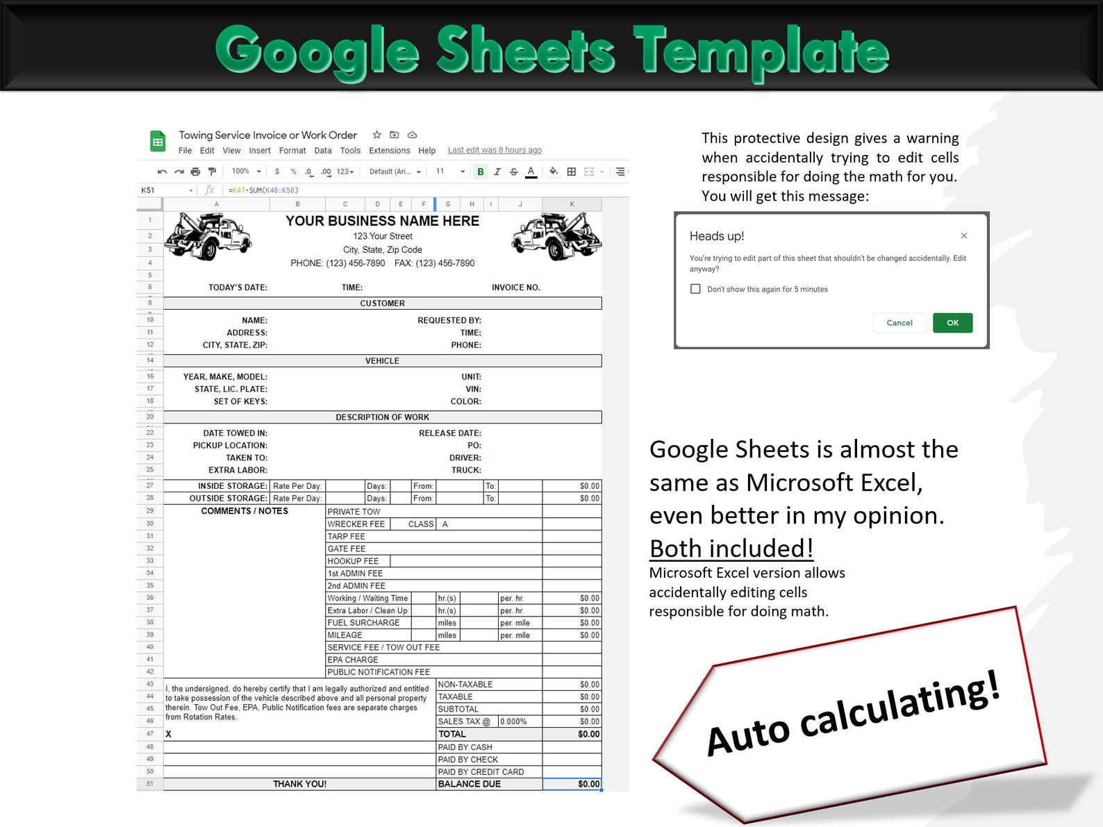 Towing Invoice Template Auto-calculated PDF Towing Invoice Form Google ...