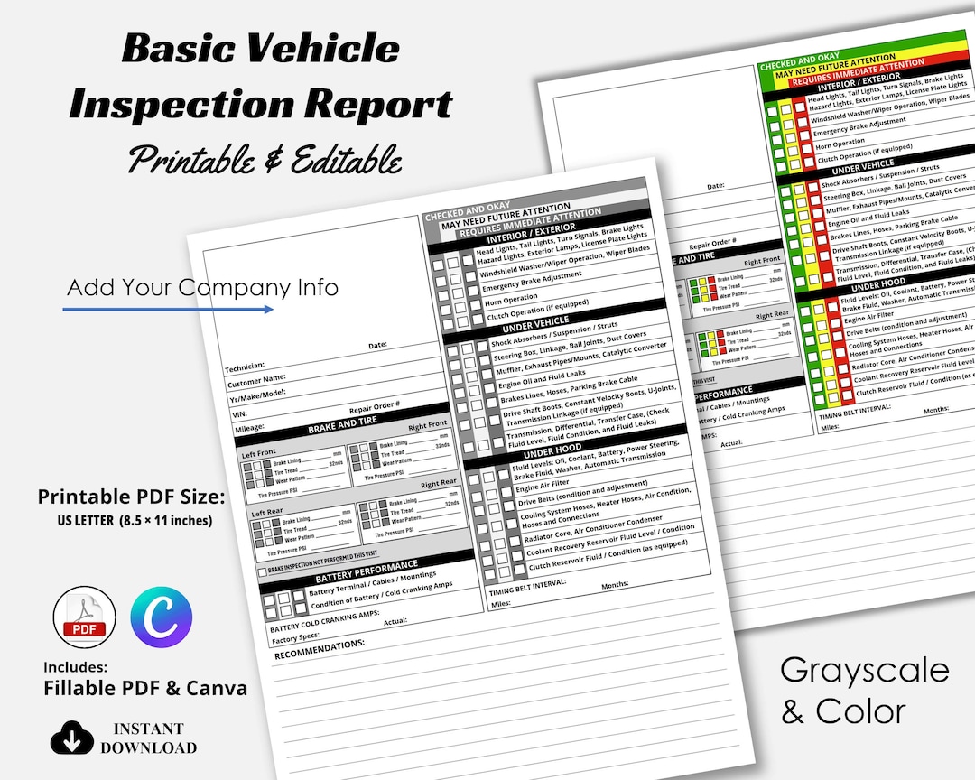 Basic Vehicle Inspection Report, GRAY, COLOR, Auto Inspection Checklist ...