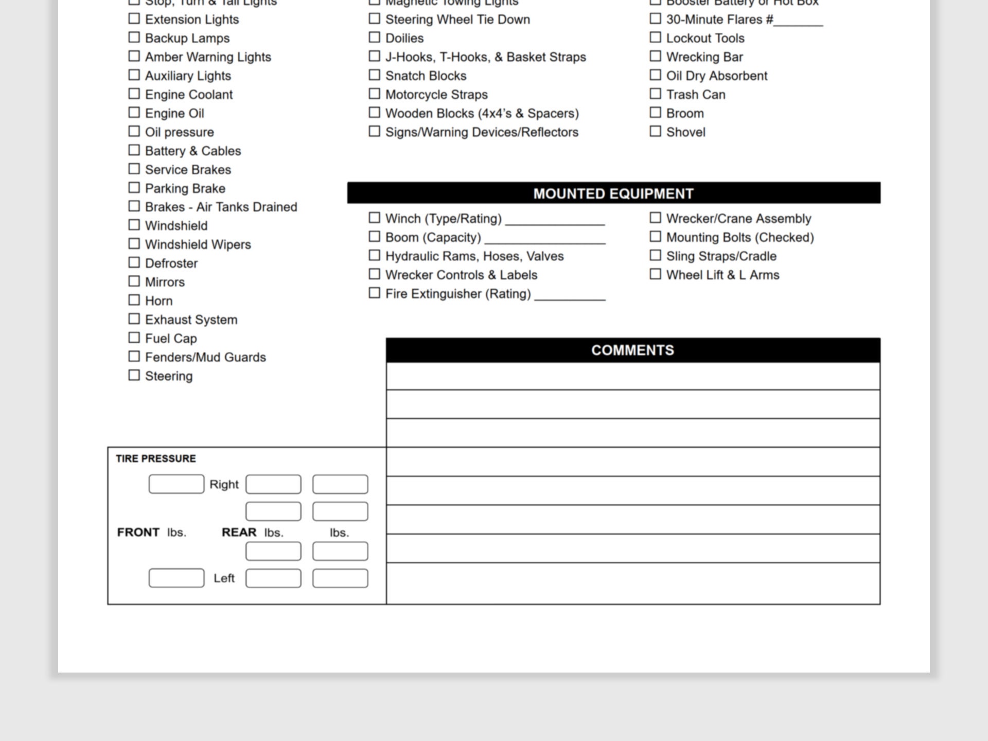 Tow Truck Checklist for Drivers, Wrecker Towing Equipment Checklist ...