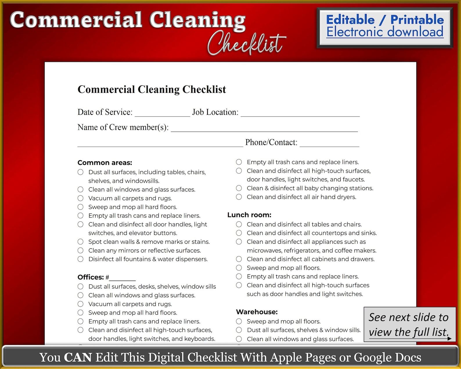 EDITABLE Office Cleaning Checklist Template for Business and Commercial ...