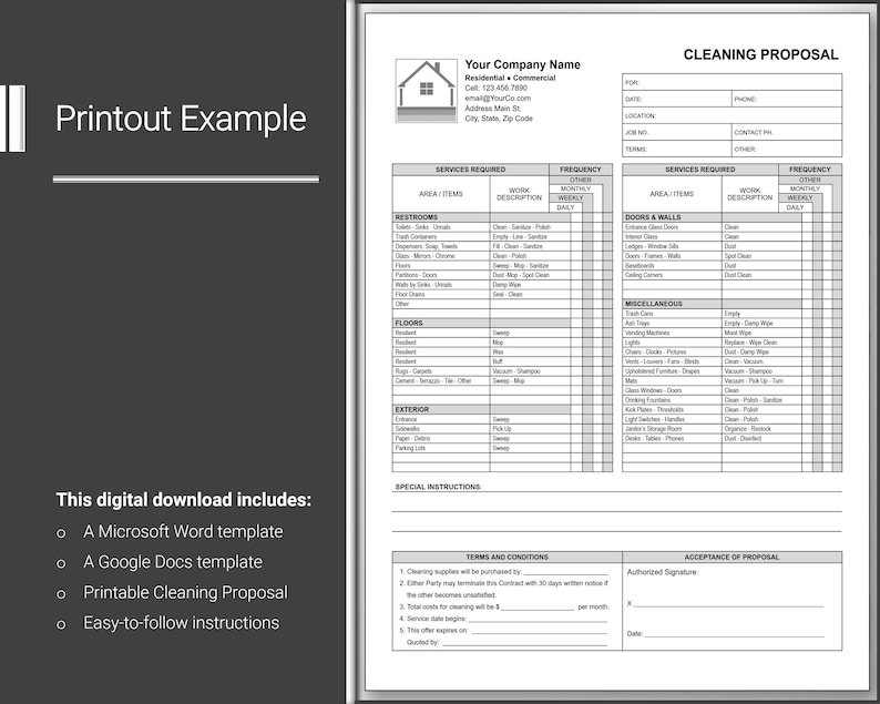 Gray Cleaning Proposal Template WORD, Commercial Cleaning Checklist ...