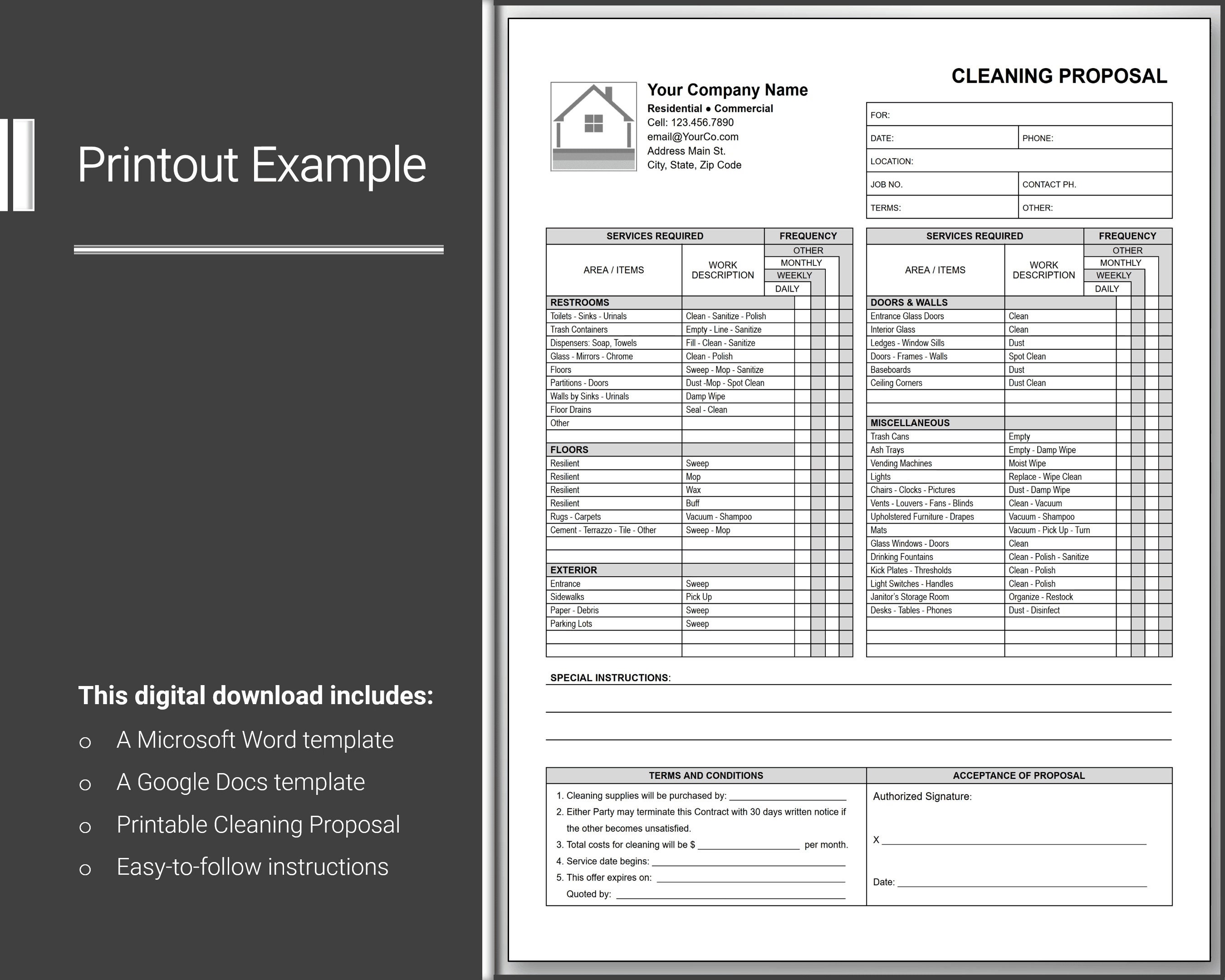Gray Cleaning Proposal Template WORD, Commercial Cleaning Checklist ...