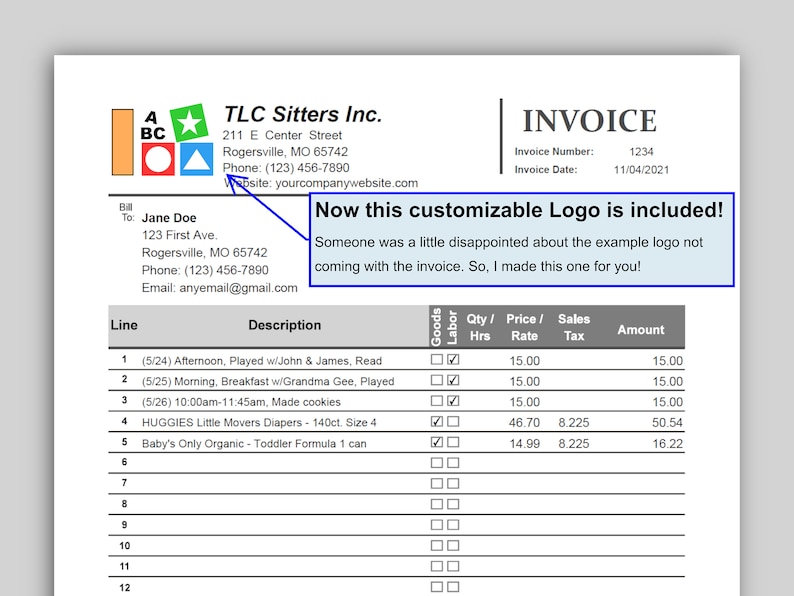 Childcare Invoice & Receipts Babysitting nanny Service - Etsy