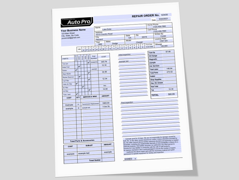 Auto Repair Order or Bill Ticket Invoice Estimate and Auto - Etsy