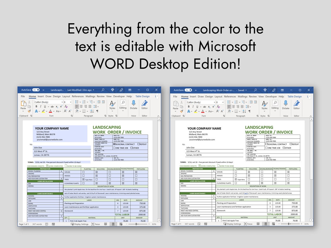 Landscaping Invoice or Work Order, Printable, Editable Invoice or ...