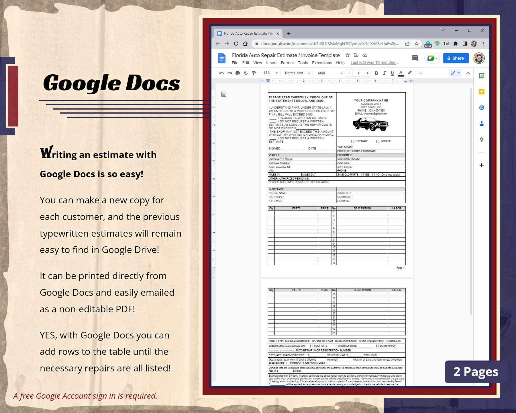 Florida Auto Repair Invoice Template WORD, Auto Repair Estimate ...