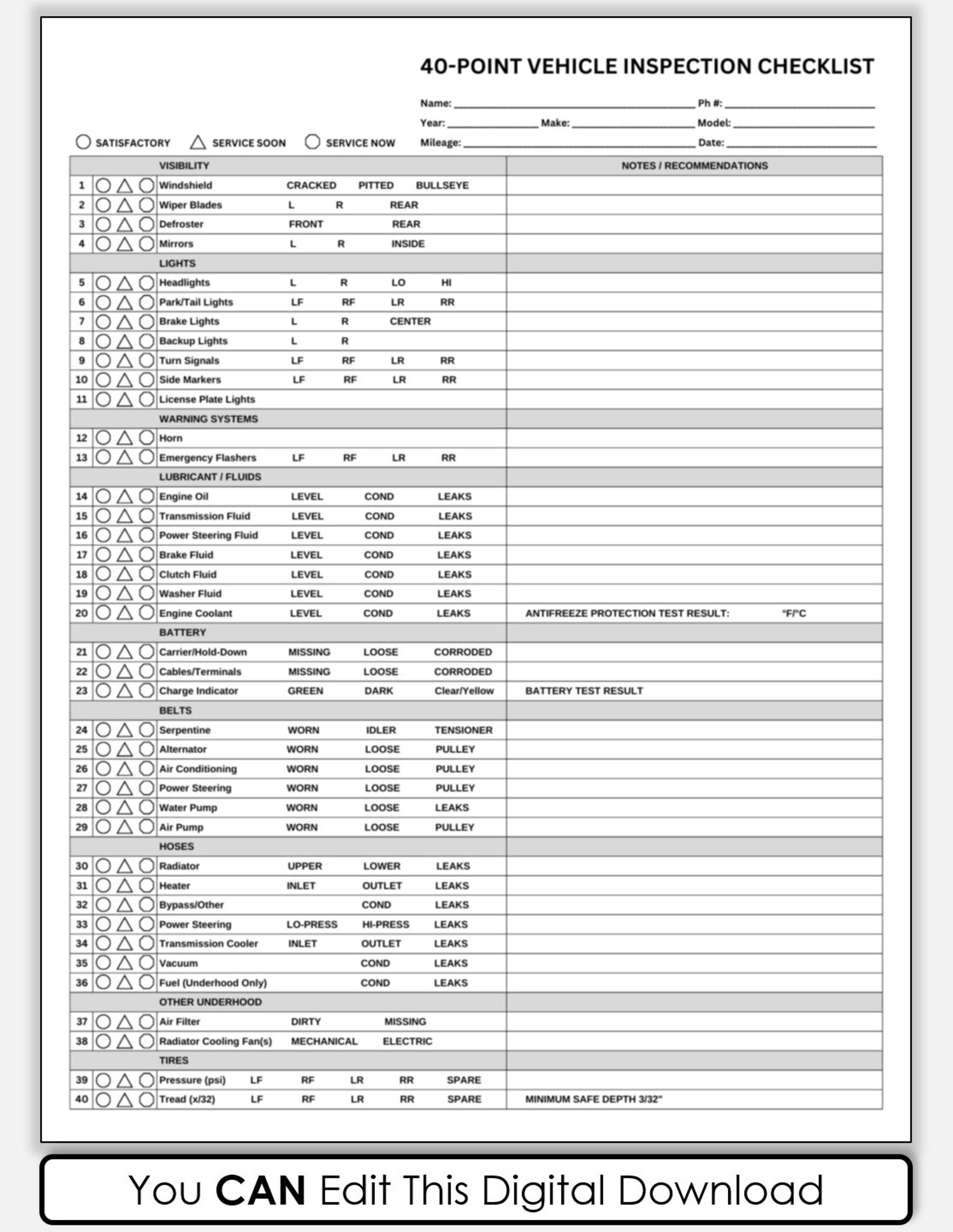 40-point Vehicle Inspection Report, Multi-point Inspection Checklist ...